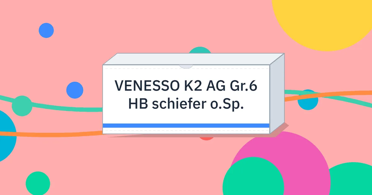 Symbolbild: Packung mit der Aufschrift VENESSO K2 AG Gr.6 HB schiefer o.Sp. (PZN 03265615) – Verfügbarkeit und Bezug in Apotheken in Frankfurt am Main