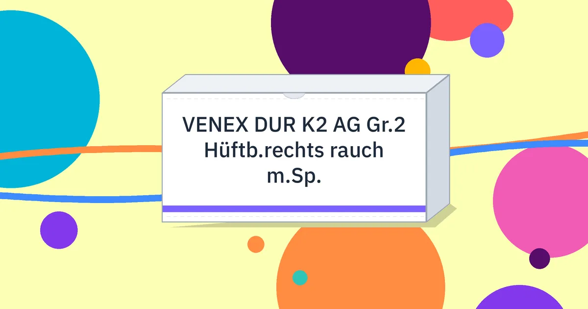 Symbolbild: Packung mit der Aufschrift VENEX DUR K2 AG Gr.2 Hüftb.rechts rauch m.Sp. (PZN 03228034) – Verfügbarkeit und Bezug in Apotheken in Frankfurt am Main