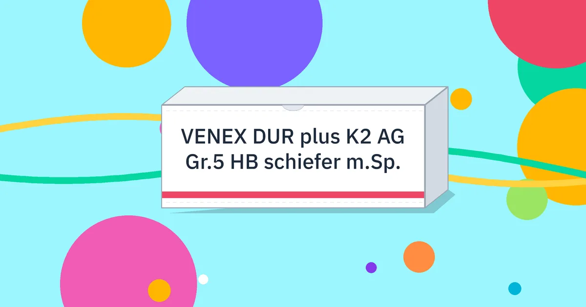 Symbolbild: Packung mit der Aufschrift VENEX DUR plus K2 AG Gr.5 HB schiefer m.Sp. (PZN 03236708) – Verfügbarkeit und Bezug in Apotheken in Frankfurt am Main