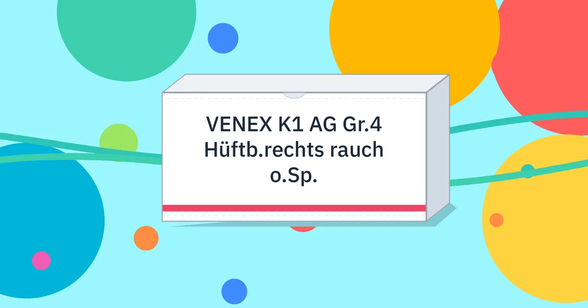 Symbolbild: Packung mit der Aufschrift VENEX K1 AG Gr.4 Hüftb.rechts rauch o.Sp. (PZN 03207204) – Verfügbarkeit und Bezug in Apotheken in Frankfurt am Main