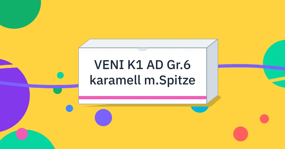 Symbolbild: Packung mit der Aufschrift VENI K1 AD Gr.6 karamell m.Spitze (PZN 13756076) – Verfügbarkeit und Bezug in Apotheken in Frankfurt am Main