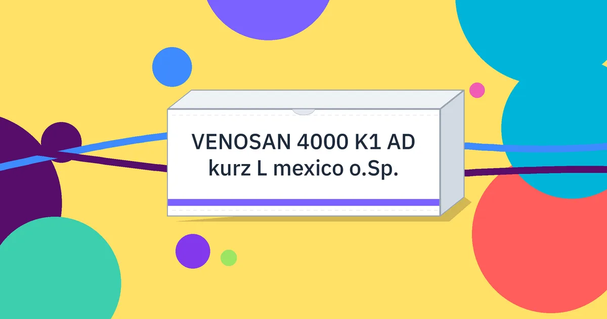 Symbolbild: Packung mit der Aufschrift VENOSAN 4000 K1 AD kurz L mexico o.Sp. (PZN 14423069) – Verfügbarkeit und Bezug in Apotheken in Frankfurt am Main