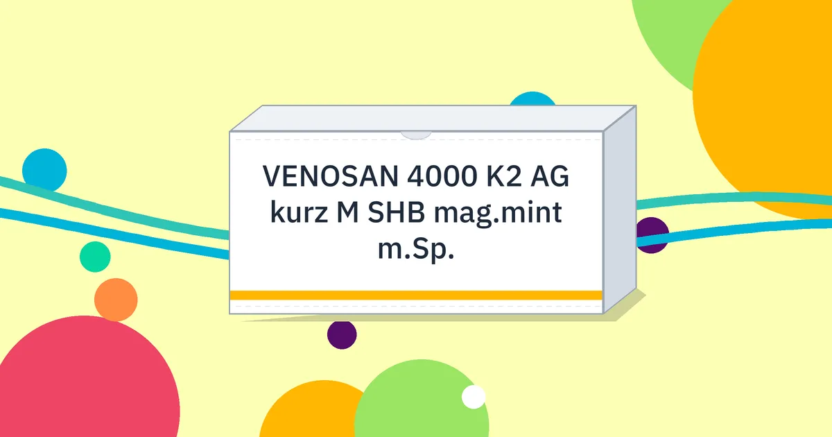 Symbolbild: Packung mit der Aufschrift VENOSAN 4000 K2 AG kurz M SHB mag.mint m.Sp. (PZN 19154303) – Verfügbarkeit und Bezug in Apotheken in Frankfurt am Main