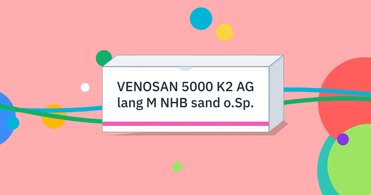 Symbolbild: Packung mit der Aufschrift VENOSAN 5000 K2 AG lang M NHB sand o.Sp. (PZN 14428842) – Verfügbarkeit und Bezug in Apotheken in Frankfurt am Main