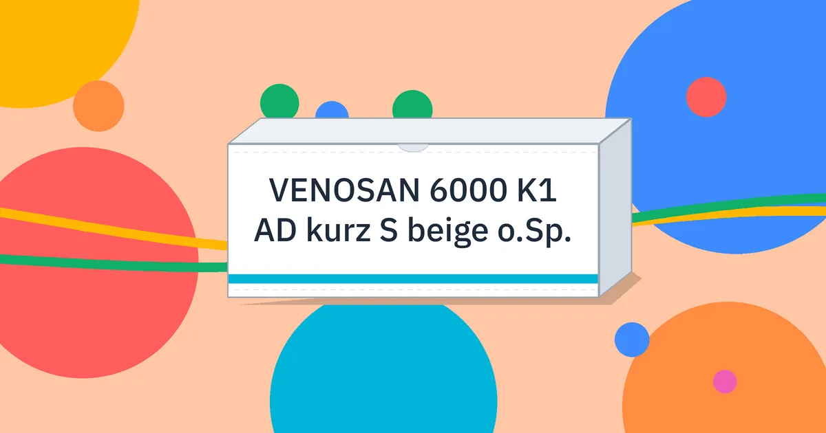 Symbolbild: Packung mit der Aufschrift VENOSAN 6000 K1 AD kurz S beige o.Sp. (PZN 17171036) – Verfügbarkeit und Bezug in Apotheken in Frankfurt am Main