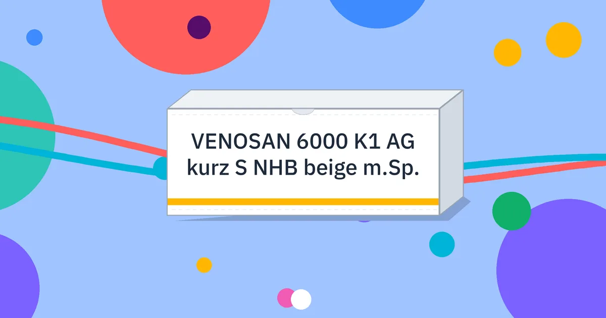 Symbolbild: Packung mit der Aufschrift VENOSAN 6000 K1 AG kurz S NHB beige m.Sp. (PZN 17171622) – Verfügbarkeit und Bezug in Apotheken in Frankfurt am Main