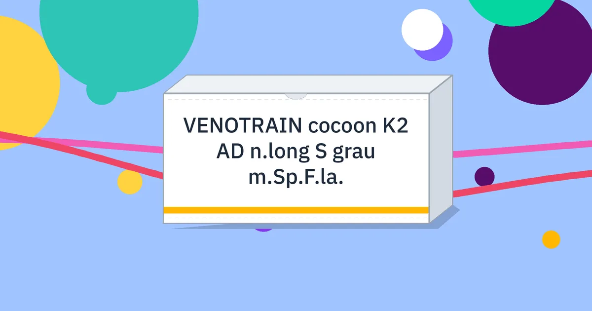 Symbolbild: Packung mit der Aufschrift VENOTRAIN cocoon K2 AD n.long S grau m.Sp.F.la. (PZN 19198737) – Verfügbarkeit und Bezug in Apotheken in Frankfurt am Main