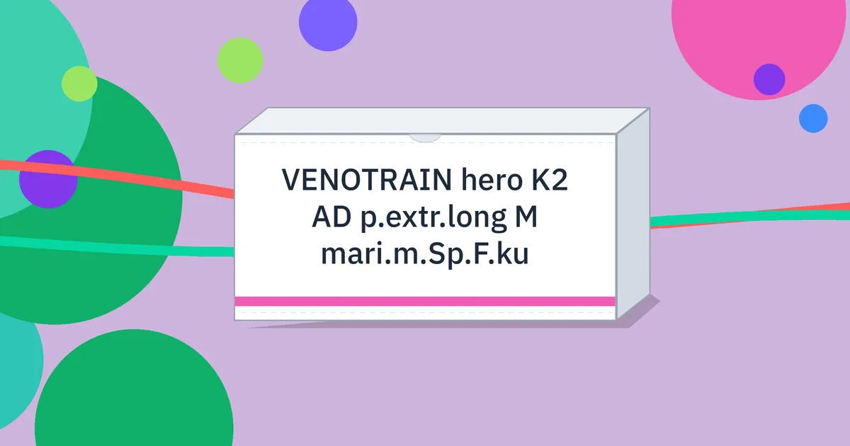 Symbolbild: Packung mit der Aufschrift VENOTRAIN hero K2 AD p.extr.long M mari.m.Sp.F.ku (PZN 19189224) – Verfügbarkeit und Bezug in Apotheken in Frankfurt am Main