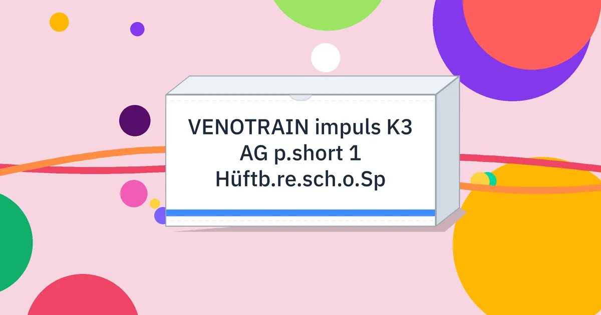 Symbolbild: Packung mit der Aufschrift VENOTRAIN impuls K3 AG p.short 1 Hüftb.re.sch.o.Sp (PZN 10294221) – Verfügbarkeit und Bezug in Apotheken in Frankfurt am Main