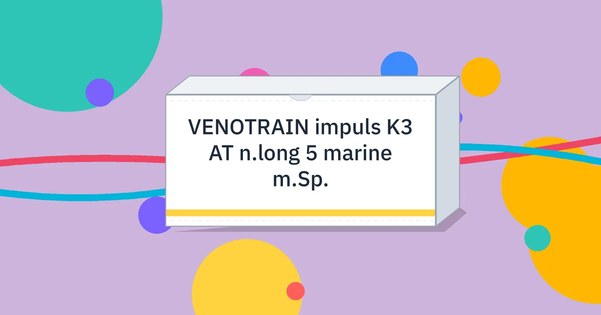Symbolbild: Packung mit der Aufschrift VENOTRAIN impuls K3 AT n.long 5 marine m.Sp. (PZN 19355645) – Verfügbarkeit und Bezug in Apotheken in Frankfurt am Main