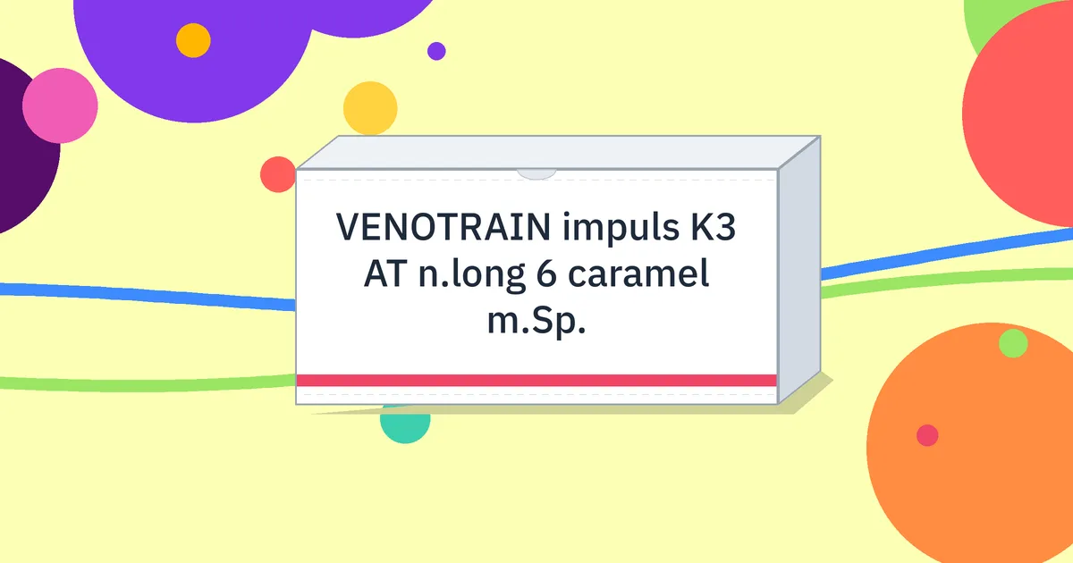 Symbolbild: Packung mit der Aufschrift VENOTRAIN impuls K3 AT n.long 6 caramel m.Sp. (PZN 19354999) – Verfügbarkeit und Bezug in Apotheken in Frankfurt am Main