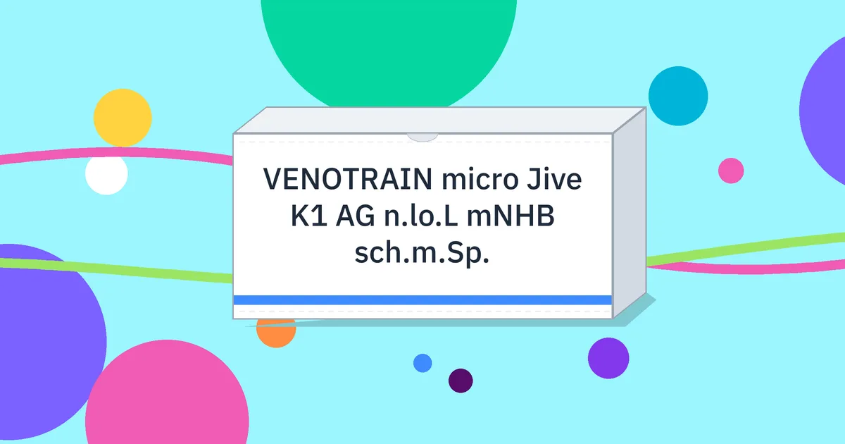 Symbolbild: Packung mit der Aufschrift VENOTRAIN micro Jive K1 AG n.lo.L mNHB sch.m.Sp. (PZN 17762599) – Verfügbarkeit und Bezug in Apotheken in Frankfurt am Main