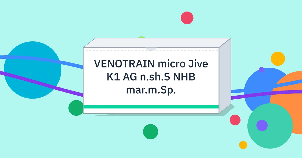 Symbolbild: Packung mit der Aufschrift VENOTRAIN micro Jive K1 AG n.sh.S NHB mar.m.Sp. (PZN 17767220) – Verfügbarkeit und Bezug in Apotheken in Frankfurt am Main