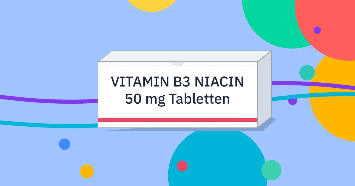 Symbolbild: Packung mit der Aufschrift VITAMIN B3 NIACIN 50 mg Tabletten (PZN 10987579) – Verfügbarkeit und Bezug in Apotheken in Frankfurt am Main