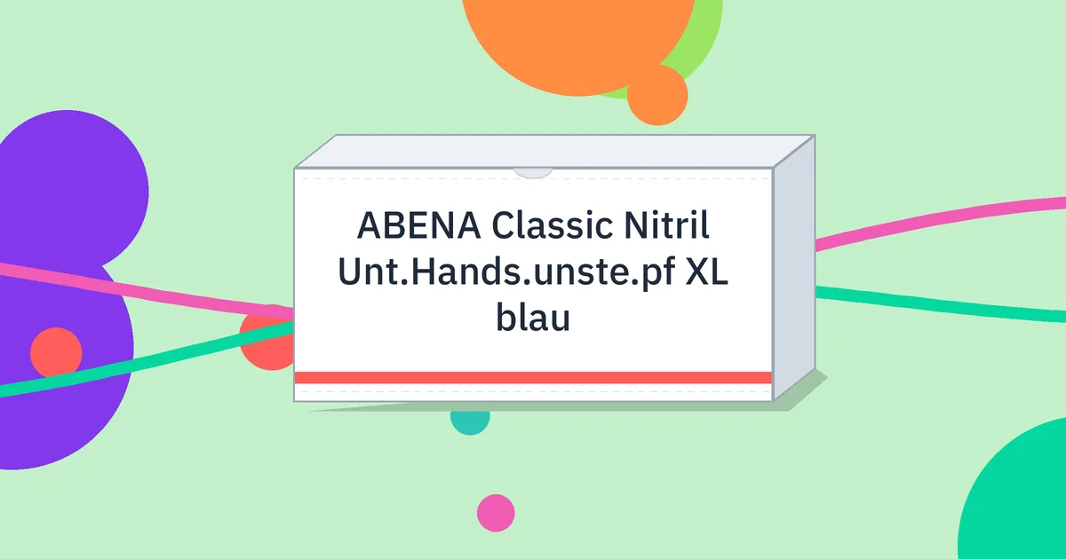 Symbolbild: Packung mit der Aufschrift ABENA Classic Nitril Unt.Hands.unste.pf XL blau (PZN 16757774) – Verfügbarkeit und Bezug in Apotheken in Frankfurt am Main