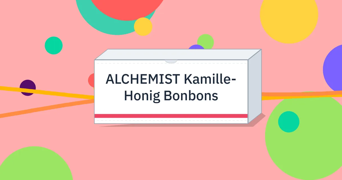 Symbolbild: Packung mit der Aufschrift ALCHEMIST Kamille-Honig Bonbons (PZN 17153274) – Verfügbarkeit und Bezug in Apotheken in Frankfurt am Main