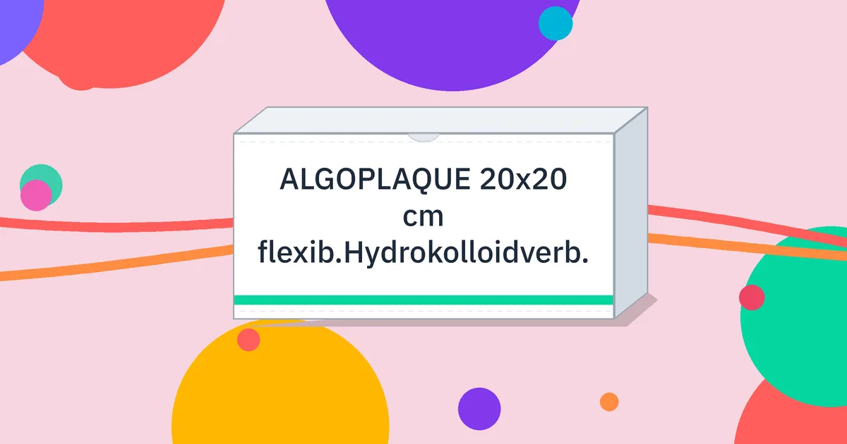 Symbolbild: Packung mit der Aufschrift ALGOPLAQUE 20x20 cm flexib.Hydrokolloidverb. (PZN 04170437) – Verfügbarkeit und Bezug in Apotheken in Frankfurt am Main