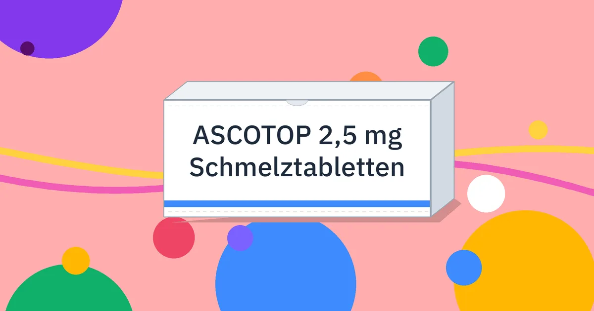 Symbolbild: Packung mit der Aufschrift ASCOTOP 2,5 mg Schmelztabletten (PZN 00580434) – Verfügbarkeit und Bezug in Apotheken in Frankfurt am Main