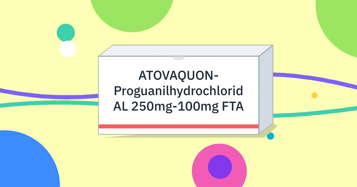 Symbolbild: Packung mit der Aufschrift ATOVAQUON-Proguanilhydrochlorid AL 250mg-100mg FTA (PZN 11155556) – Verfügbarkeit und Bezug in Apotheken in Frankfurt am Main