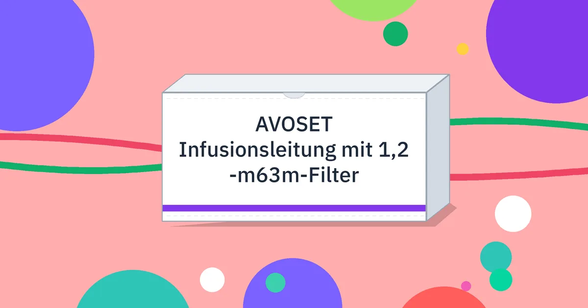 Symbolbild: Packung mit der Aufschrift AVOSET Infusionsleitung mit 1,2 -m63m-Filter (PZN 18702205) – Verfügbarkeit und Bezug in Apotheken in Frankfurt am Main