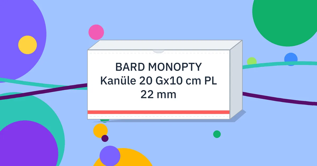 Symbolbild: Packung mit der Aufschrift BARD MONOPTY Kanüle 20 Gx10 cm PL 22 mm (PZN 07780550) – Verfügbarkeit und Bezug in Apotheken in Frankfurt am Main