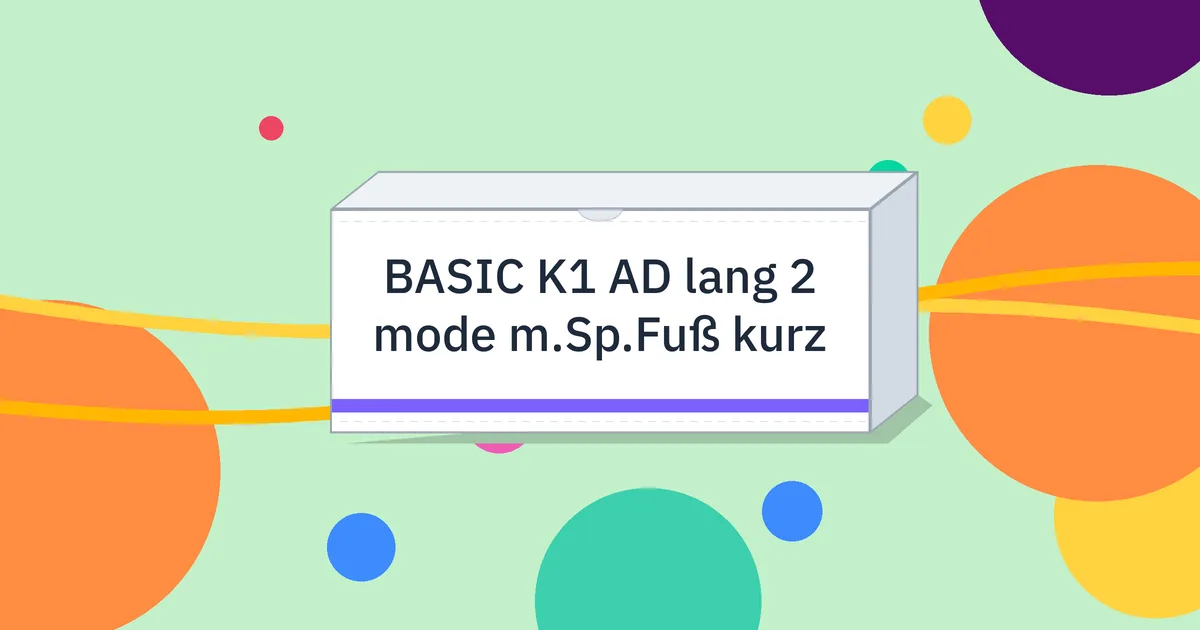 Symbolbild: Packung mit der Aufschrift BASIC K1 AD lang 2 mode m.Sp.Fuß kurz (PZN 20257586) – Verfügbarkeit und Bezug in Apotheken in Frankfurt am Main
