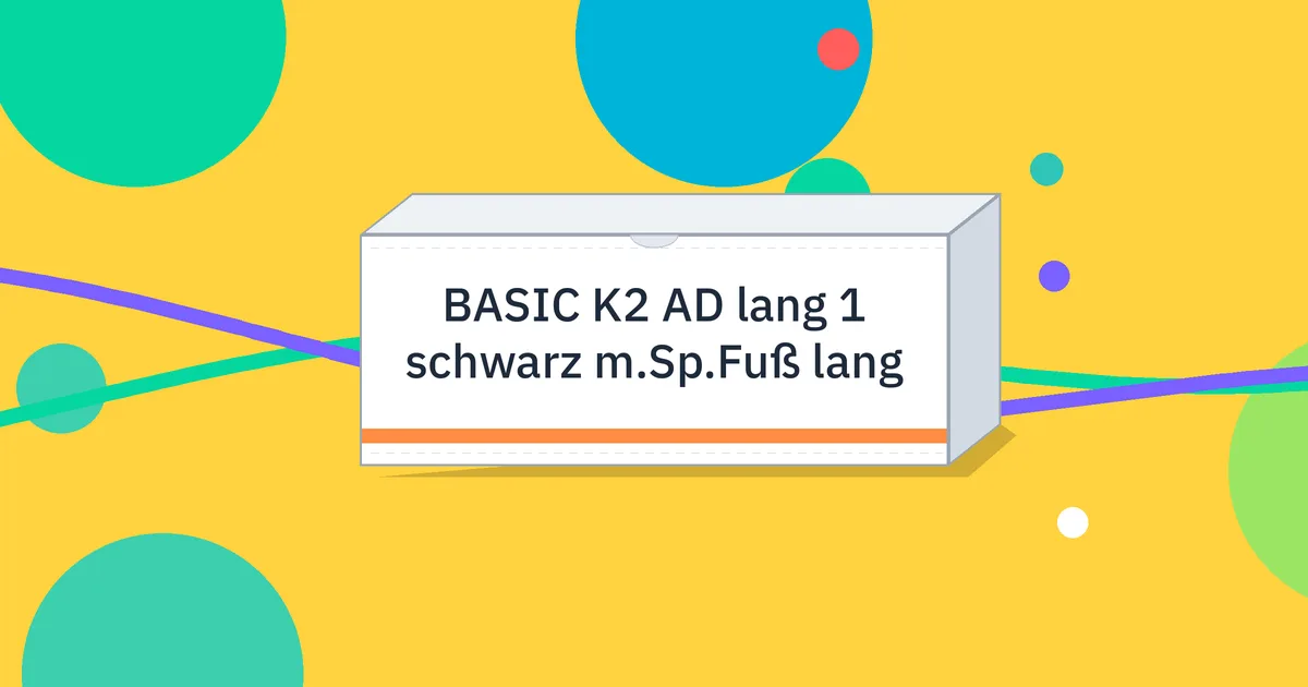 Symbolbild: Packung mit der Aufschrift BASIC K2 AD lang 1 schwarz m.Sp.Fuß lang (PZN 20263405) – Verfügbarkeit und Bezug in Apotheken in Frankfurt am Main