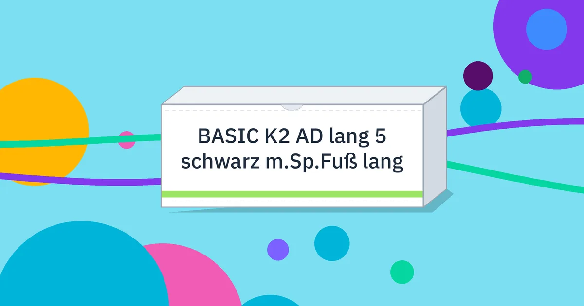 Symbolbild: Packung mit der Aufschrift BASIC K2 AD lang 5 schwarz m.Sp.Fuß lang (PZN 20265172) – Verfügbarkeit und Bezug in Apotheken in Frankfurt am Main