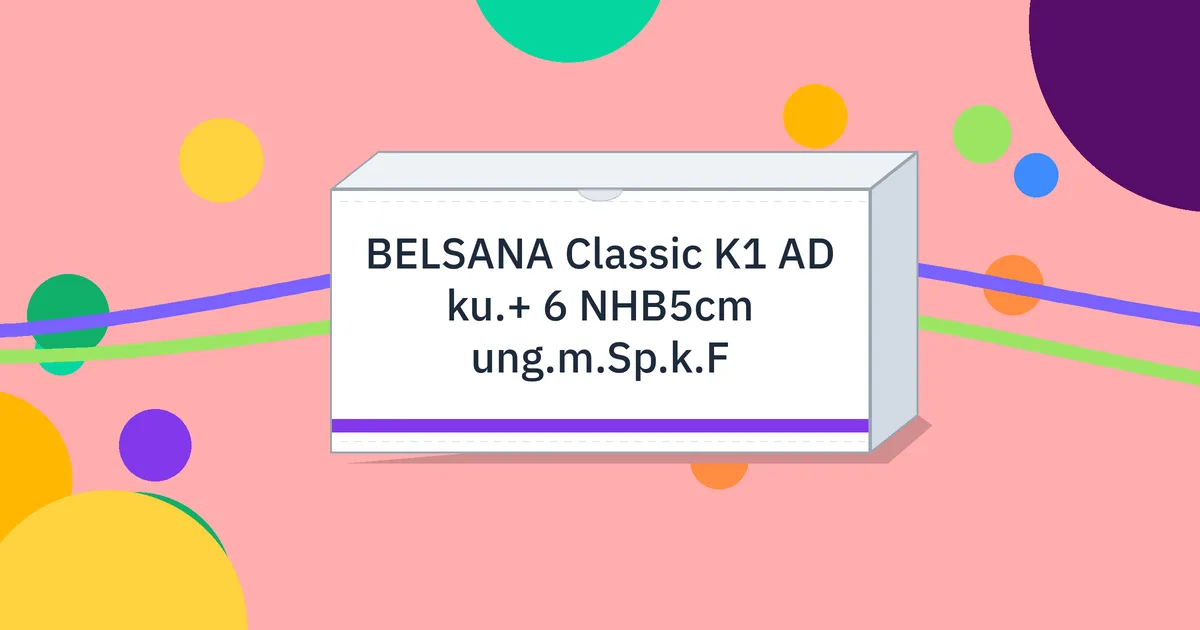Symbolbild: Packung mit der Aufschrift BELSANA Classic K1 AD ku.+ 6 NHB5cm ung.m.Sp.k.F (PZN 19257552) – Verfügbarkeit und Bezug in Apotheken in Frankfurt am Main