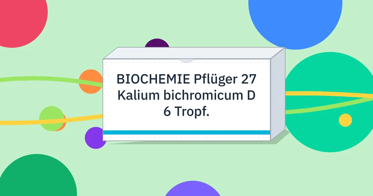 Symbolbild: Packung mit der Aufschrift BIOCHEMIE Pflüger 27 Kalium bichromicum D 6 Tropf. (PZN 09298774) – Verfügbarkeit und Bezug in Apotheken in Frankfurt am Main