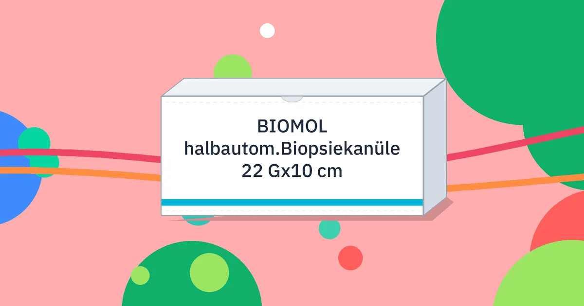 Symbolbild: Packung mit der Aufschrift BIOMOL halbautom.Biopsiekanüle 22 Gx10 cm (PZN 06123904) – Verfügbarkeit und Bezug in Apotheken in Frankfurt am Main
