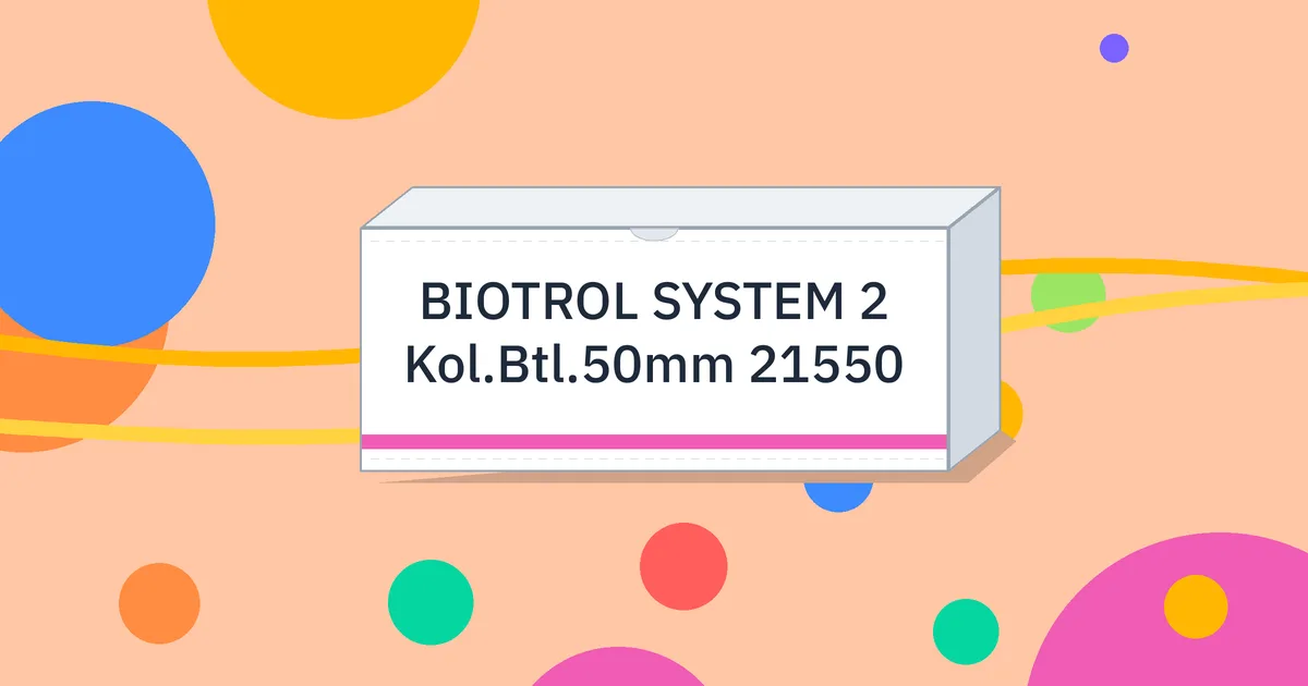 Symbolbild: Packung mit der Aufschrift BIOTROL SYSTEM 2 Kol.Btl.50mm 21550 (PZN 04664398) – Verfügbarkeit und Bezug in Apotheken in Frankfurt am Main