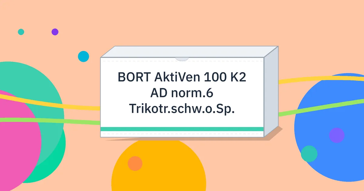 Symbolbild: Packung mit der Aufschrift BORT AktiVen 100 K2 AD norm.6 Trikotr.schw.o.Sp. (PZN 14386581) – Verfügbarkeit und Bezug in Apotheken in Frankfurt am Main
