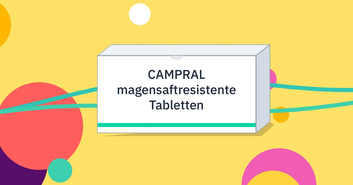 Symbolbild: Packung mit der Aufschrift CAMPRAL magensaftresistente Tabletten (PZN 15882566) – Verfügbarkeit und Bezug in Apotheken in Frankfurt am Main
