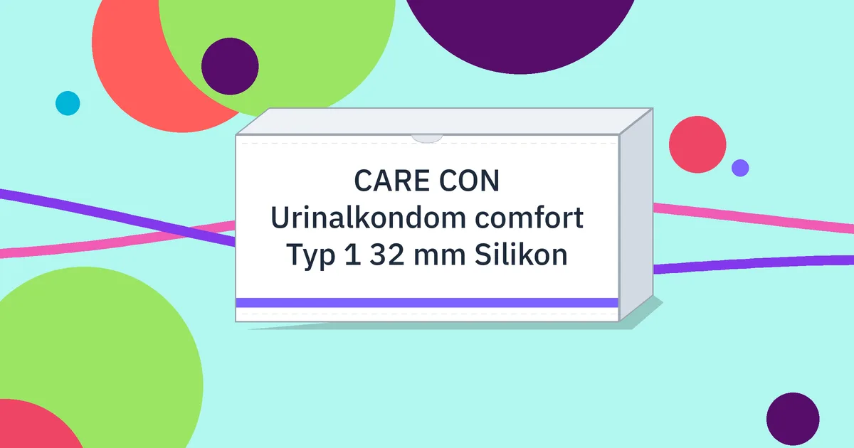 Symbolbild: Packung mit der Aufschrift CARE CON Urinalkondom comfort Typ 1 32 mm Silikon (PZN 17520637) – Verfügbarkeit und Bezug in Apotheken in Frankfurt am Main