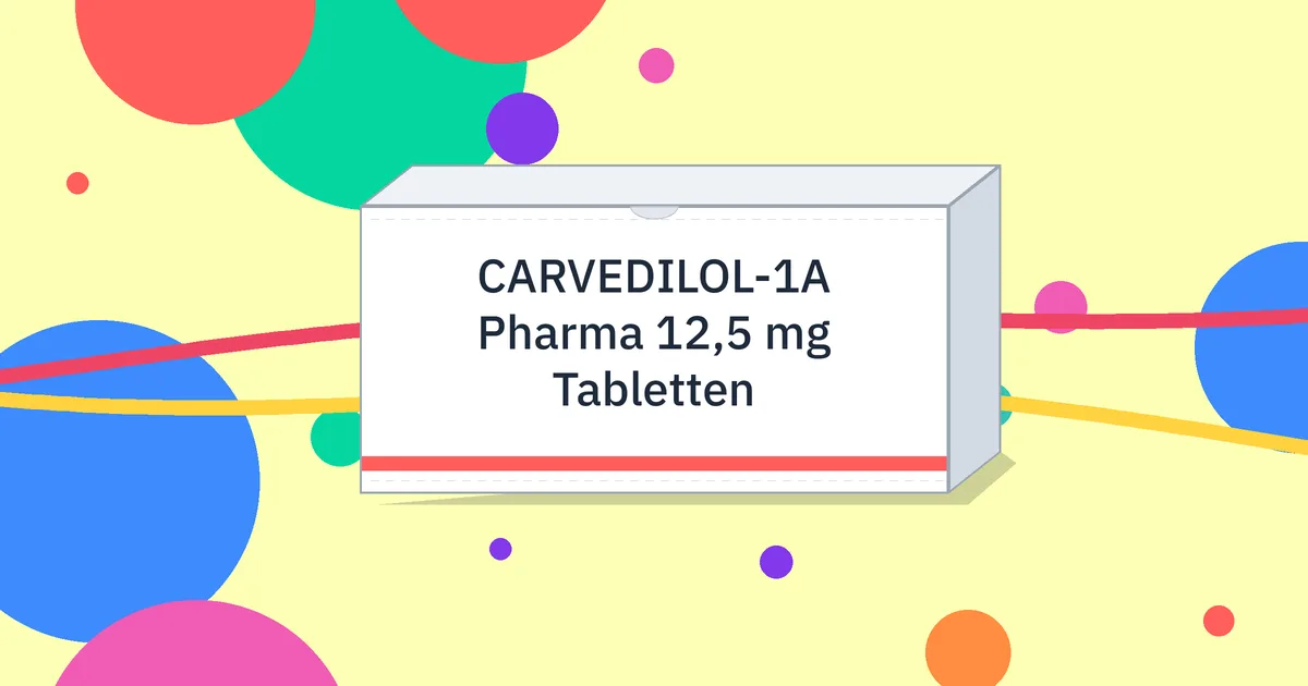 Symbolbild: Packung mit der Aufschrift CARVEDILOL-1A Pharma 12,5 mg Tabletten (PZN 00819065) – Verfügbarkeit und Bezug in Apotheken in Frankfurt am Main