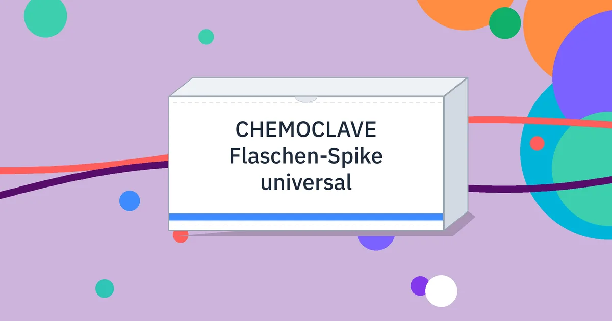 Symbolbild: Packung mit der Aufschrift CHEMOCLAVE Flaschen-Spike universal (PZN 18796672) – Verfügbarkeit und Bezug in Apotheken in Frankfurt am Main