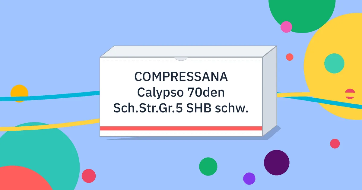 Symbolbild: Packung mit der Aufschrift COMPRESSANA Calypso 70den Sch.Str.Gr.5 SHB schw. (PZN 08911037) – Verfügbarkeit und Bezug in Apotheken in Frankfurt am Main