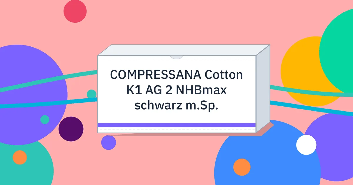 Symbolbild: Packung mit der Aufschrift COMPRESSANA Cotton K1 AG 2 NHBmax schwarz m.Sp. (PZN 11392865) – Verfügbarkeit und Bezug in Apotheken in Frankfurt am Main