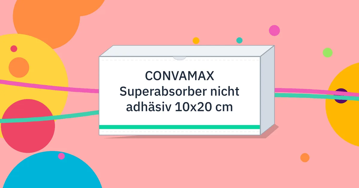 Symbolbild: Packung mit der Aufschrift CONVAMAX Superabsorber nicht adhäsiv 10x20 cm (PZN 18672042) – Verfügbarkeit und Bezug in Apotheken in Frankfurt am Main