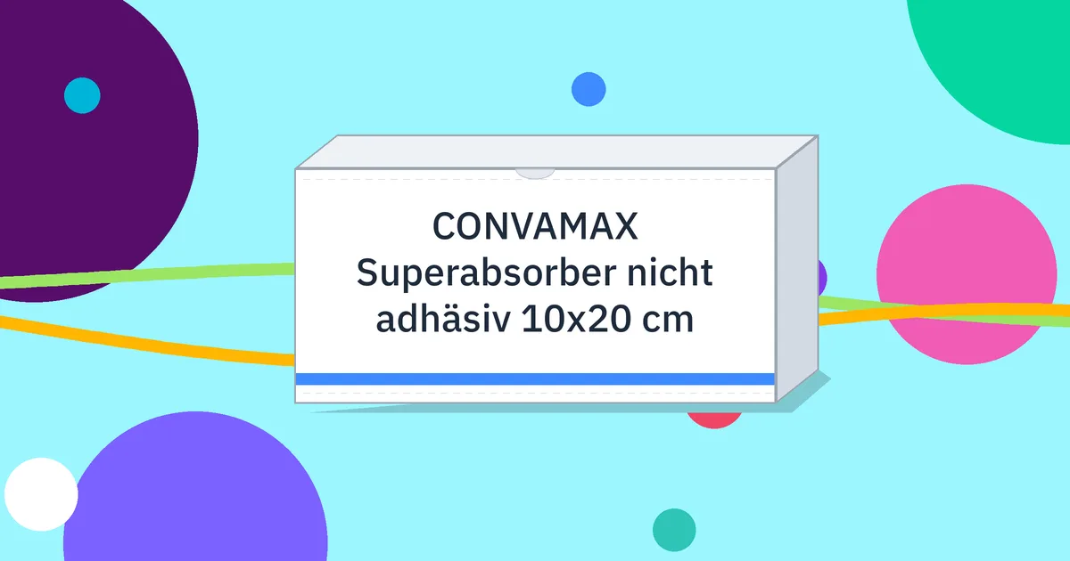 Symbolbild: Packung mit der Aufschrift CONVAMAX Superabsorber nicht adhäsiv 10x20 cm (PZN 20828557) – Verfügbarkeit und Bezug in Apotheken in Frankfurt am Main