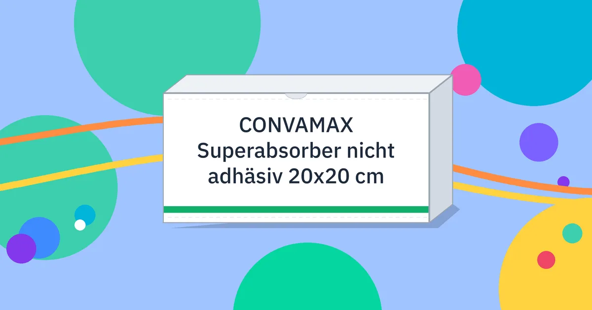 Symbolbild: Packung mit der Aufschrift CONVAMAX Superabsorber nicht adhäsiv 20x20 cm (PZN 19462140) – Verfügbarkeit und Bezug in Apotheken in Frankfurt am Main
