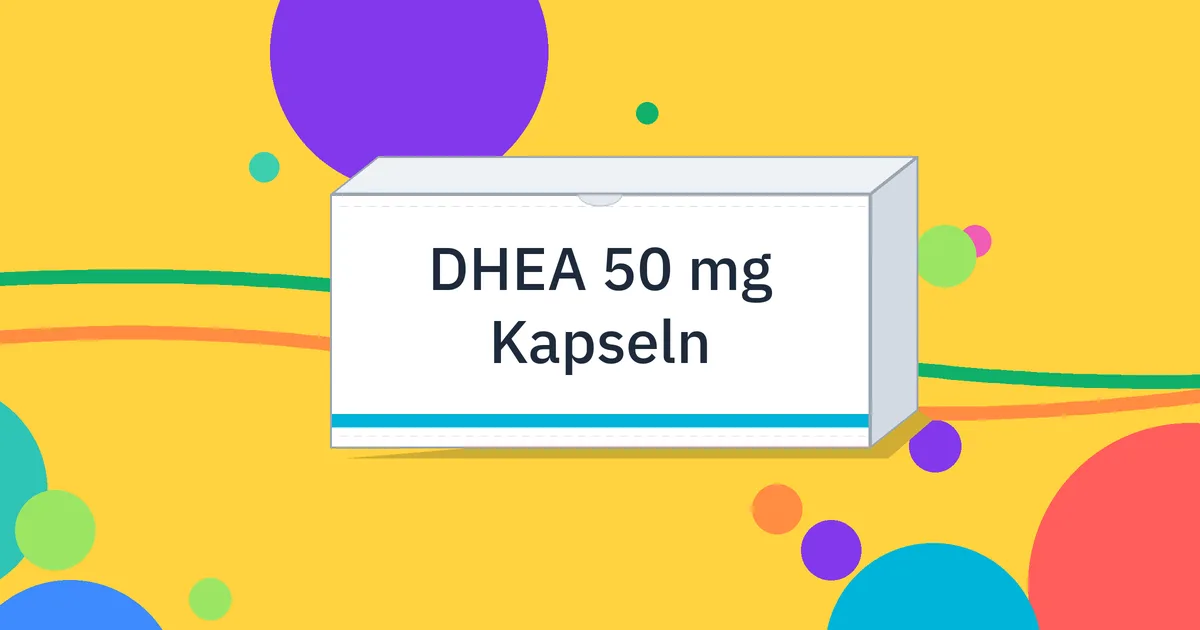 Symbolbild: Packung mit der Aufschrift DHEA 50 mg Kapseln (PZN 18718258) – Verfügbarkeit und Bezug in Apotheken in Frankfurt am Main
