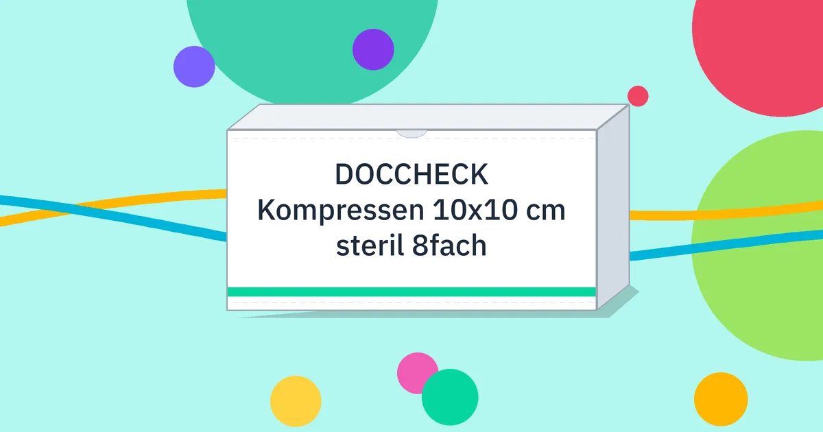 Symbolbild: Packung mit der Aufschrift DOCCHECK Kompressen 10x10 cm steril 8fach (PZN 09887424) – Verfügbarkeit und Bezug in Apotheken in Frankfurt am Main