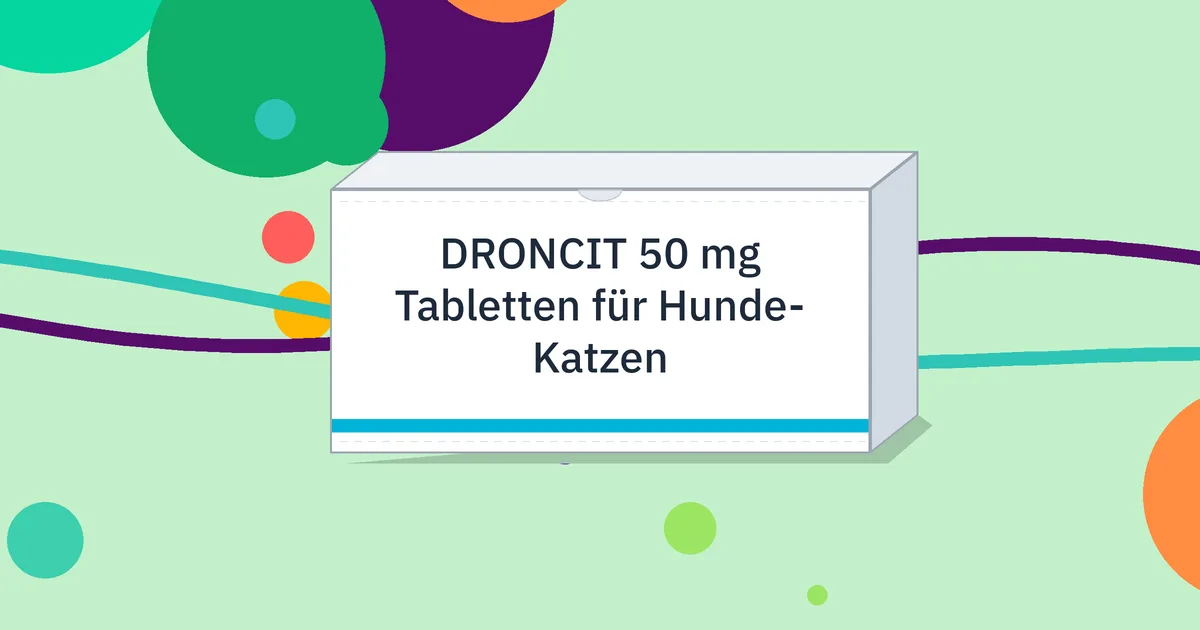 Symbolbild: Packung mit der Aufschrift DRONCIT 50 mg Tabletten für Hunde-Katzen (PZN 01976832) – Verfügbarkeit und Bezug in Apotheken in Frankfurt am Main