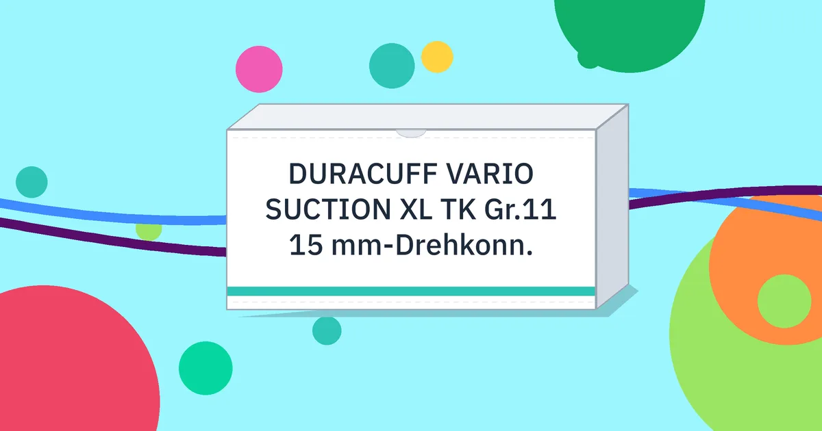 Symbolbild: Packung mit der Aufschrift DURACUFF VARIO SUCTION XL TK Gr.11 15 mm-Drehkonn. (PZN 18825422) – Verfügbarkeit und Bezug in Apotheken in Frankfurt am Main