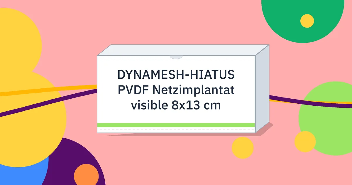 Symbolbild: Packung mit der Aufschrift DYNAMESH-HIATUS PVDF Netzimplantat visible 8x13 cm (PZN 19389638) – Verfügbarkeit und Bezug in Apotheken in Frankfurt am Main