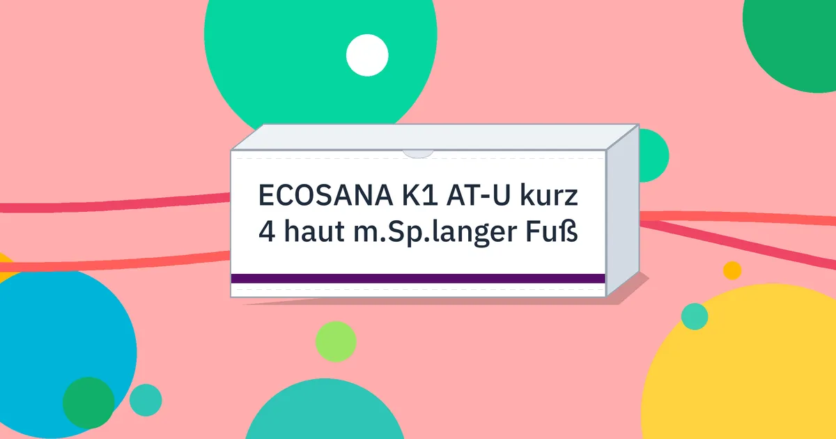 Symbolbild: Packung mit der Aufschrift ECOSANA K1 AT-U kurz 4 haut m.Sp.langer Fuß (PZN 04734360) – Verfügbarkeit und Bezug in Apotheken in Frankfurt am Main