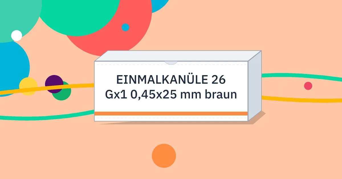Symbolbild: Packung mit der Aufschrift EINMALKANÜLE 26 Gx1 0,45x25 mm braun (PZN 18717460) – Verfügbarkeit und Bezug in Apotheken in Frankfurt am Main