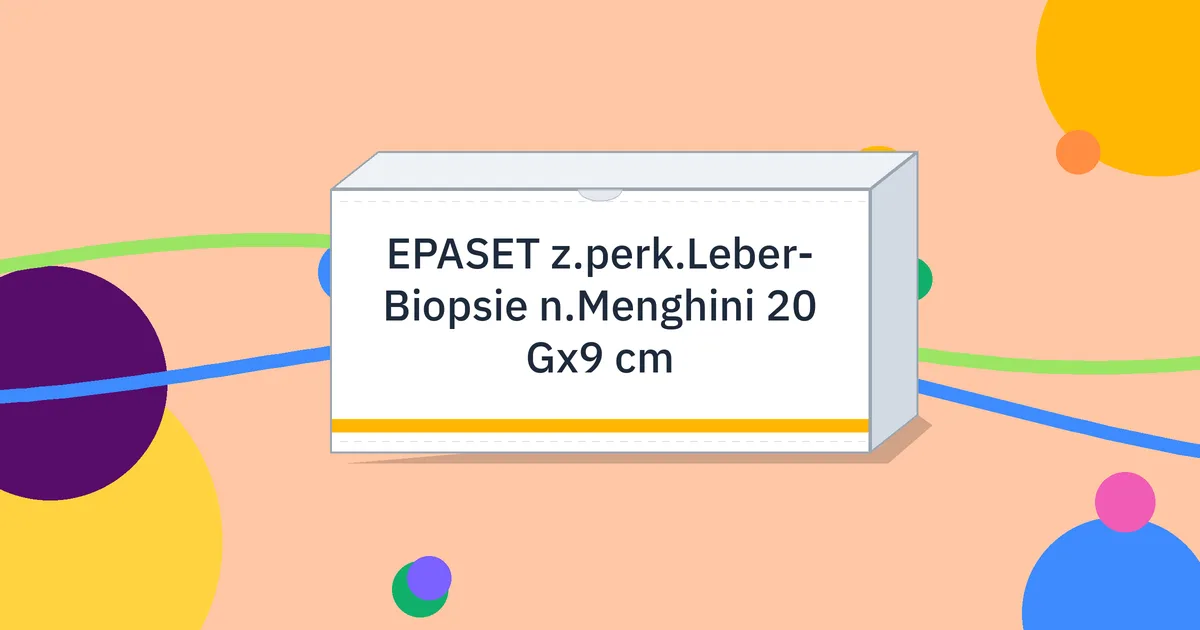 Symbolbild: Packung mit der Aufschrift EPASET z.perk.Leber-Biopsie n.Menghini 20 Gx9 cm (PZN 16362171) – Verfügbarkeit und Bezug in Apotheken in Frankfurt am Main